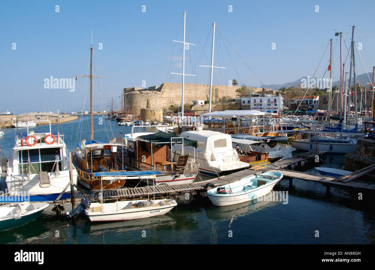 View over Keryneia Harbour toward mountains on the Mediterranean island ...