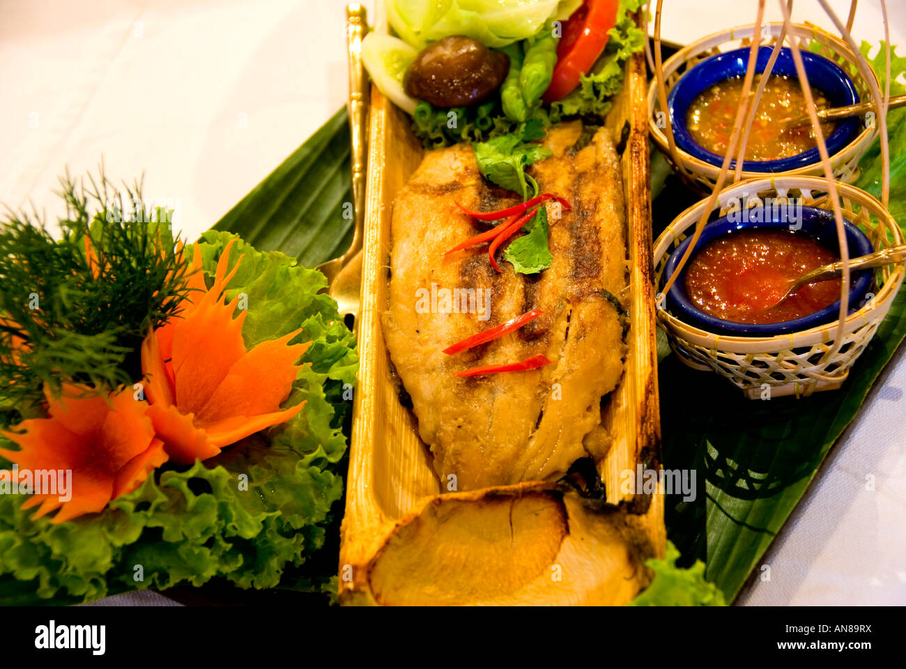 Thai Bamboo fish, Blue Elephant Restaurant, Bangkok, Thailand Stock ...