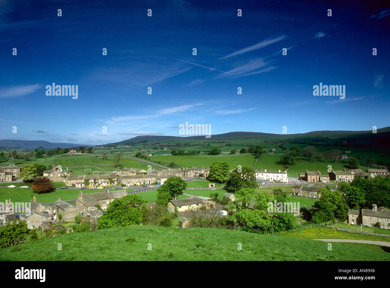Bainbridge village viewed from Brough hill Yorkshire Dales National ...