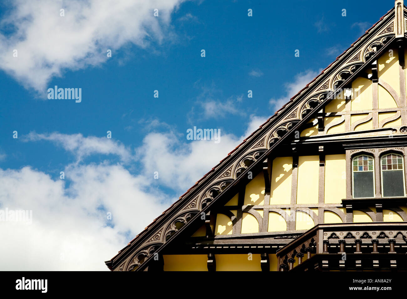 Roofline of the neo-Tudor old bathhouse, which now houses the Museum of ...