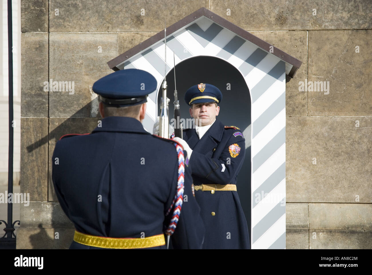 Changing of the guard ceremony outside Prague Castle in Prague, Czech ...