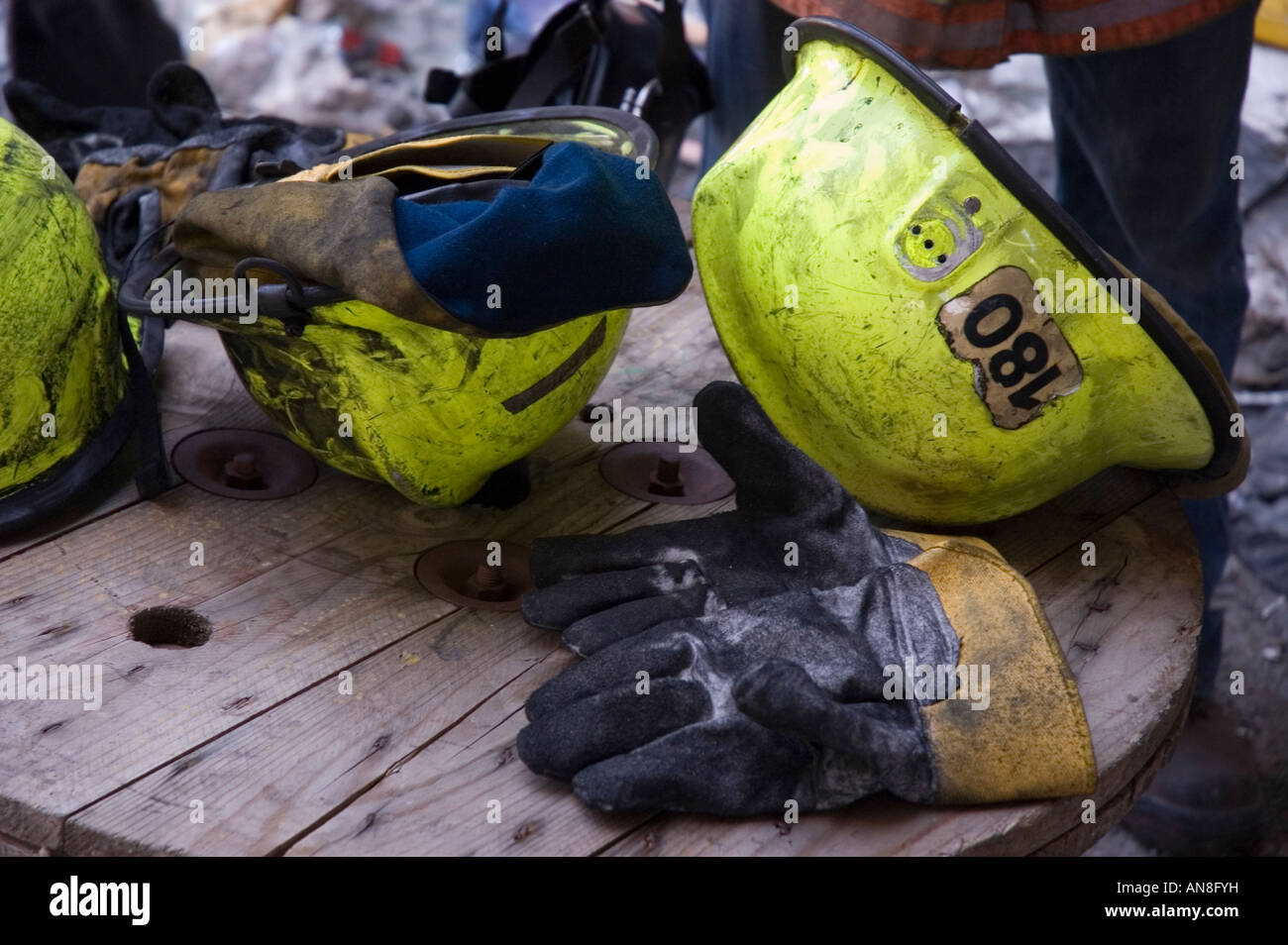 Israel Fire fighters equipment helmet and gloves covered in soot ash ...