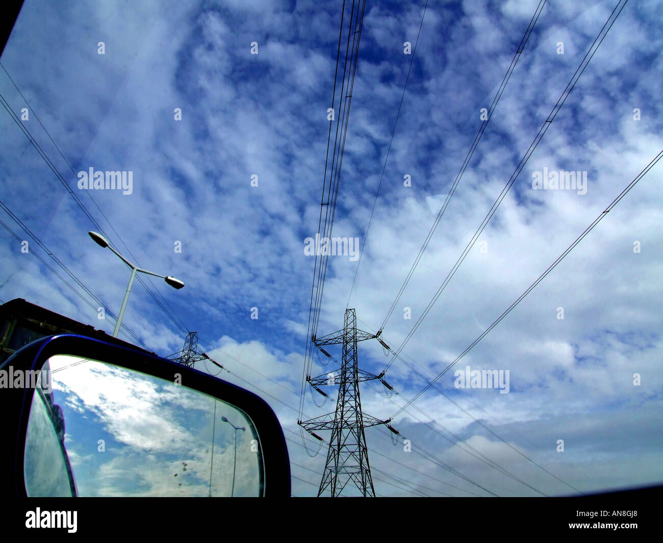 Interior view from a car, wing mirror, sky & electricity pylons Stock ...