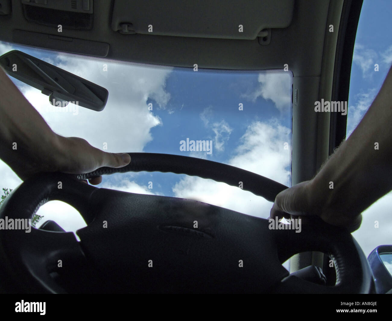 Interior view from a car, steering wheel and drivers arms Stock Photo ...