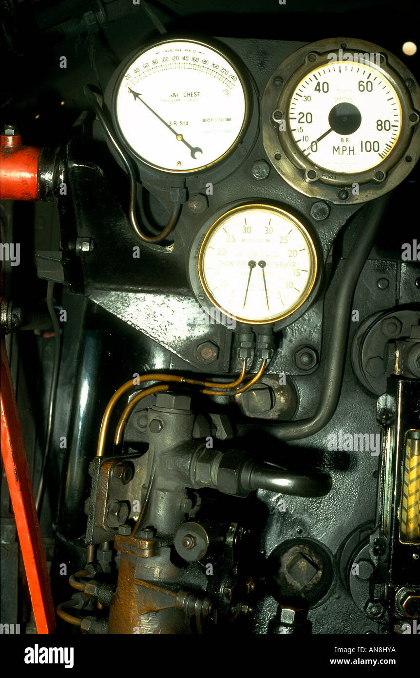 A close up view of guages pipes and valves inside a steam engine at ...