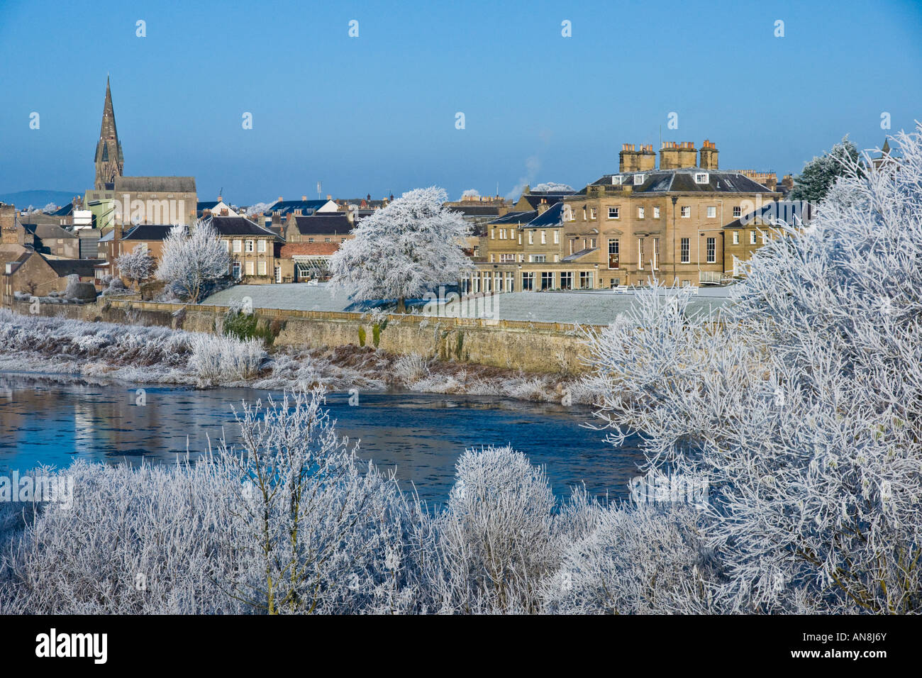 Winter frost or rime Ednam House Hotel on the banks of the River Tweed ...