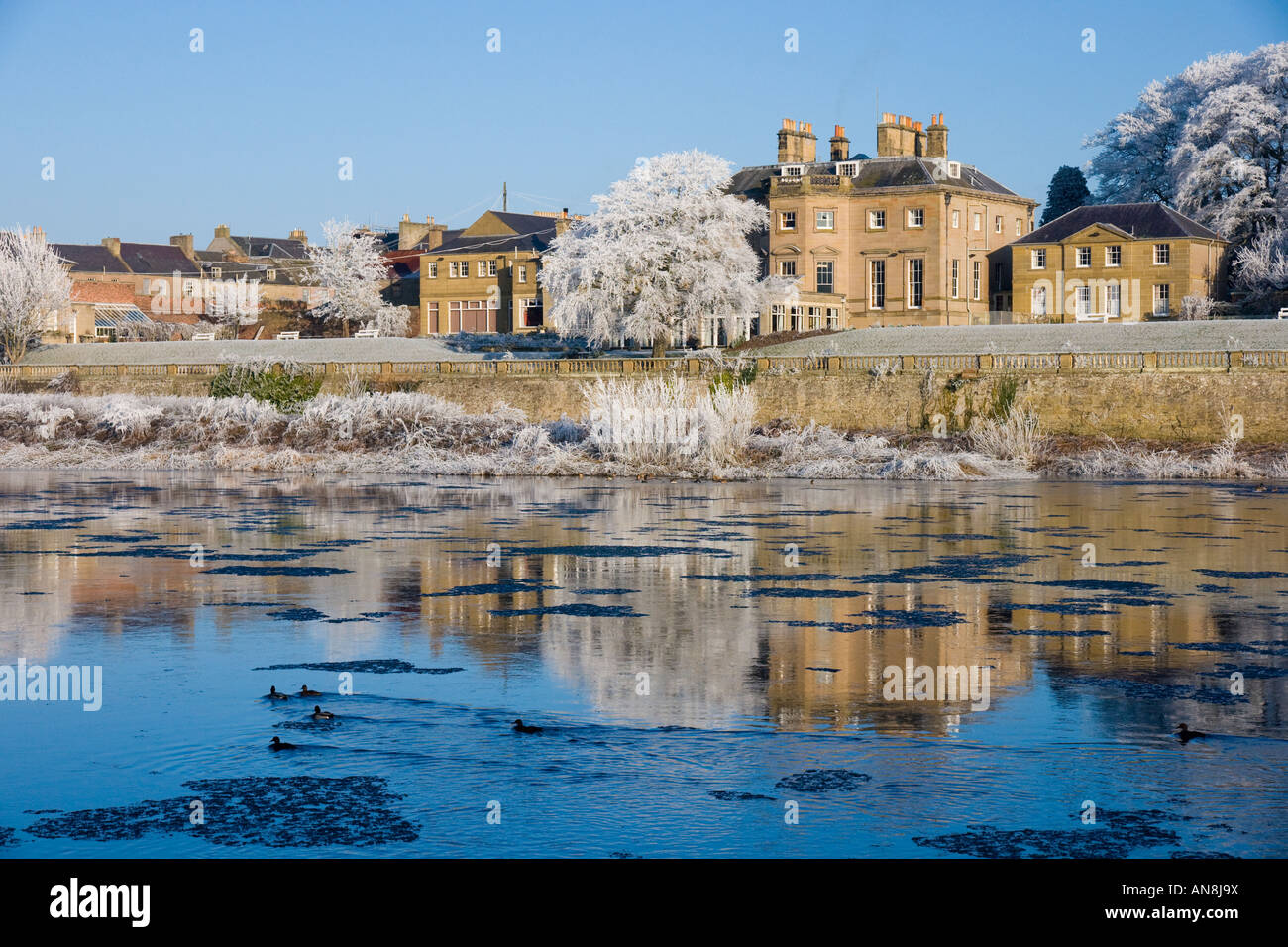 Winter frost or rime Ednam House Hotel on the banks of the River Tweed ...