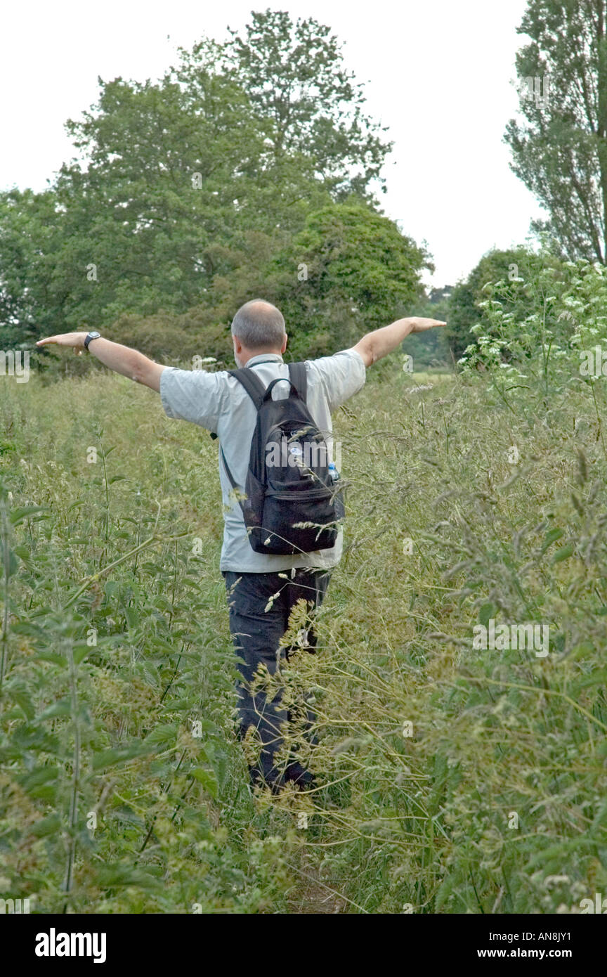 Man avoiding being stung by stinging nettles Urtica dioica during a ...