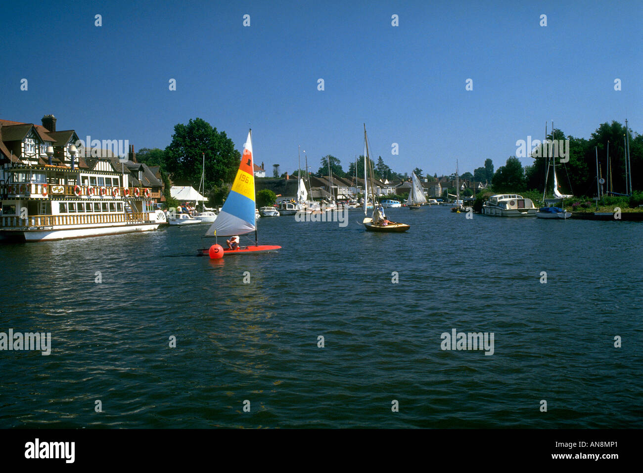 View of the River Bure flowing past the town of Horning at during a ...