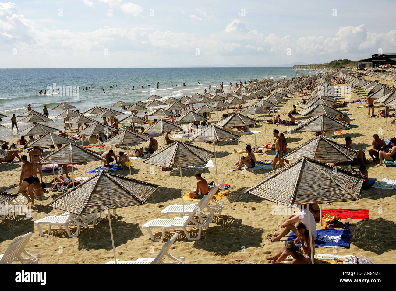 old town Nesabar holidays tourist chaise lounge umbrella swimming pool ...