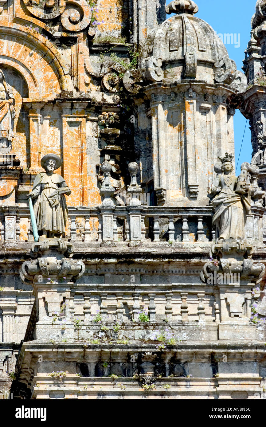 Ornate facade of the attractive church bell at Santiago de Campostella ...