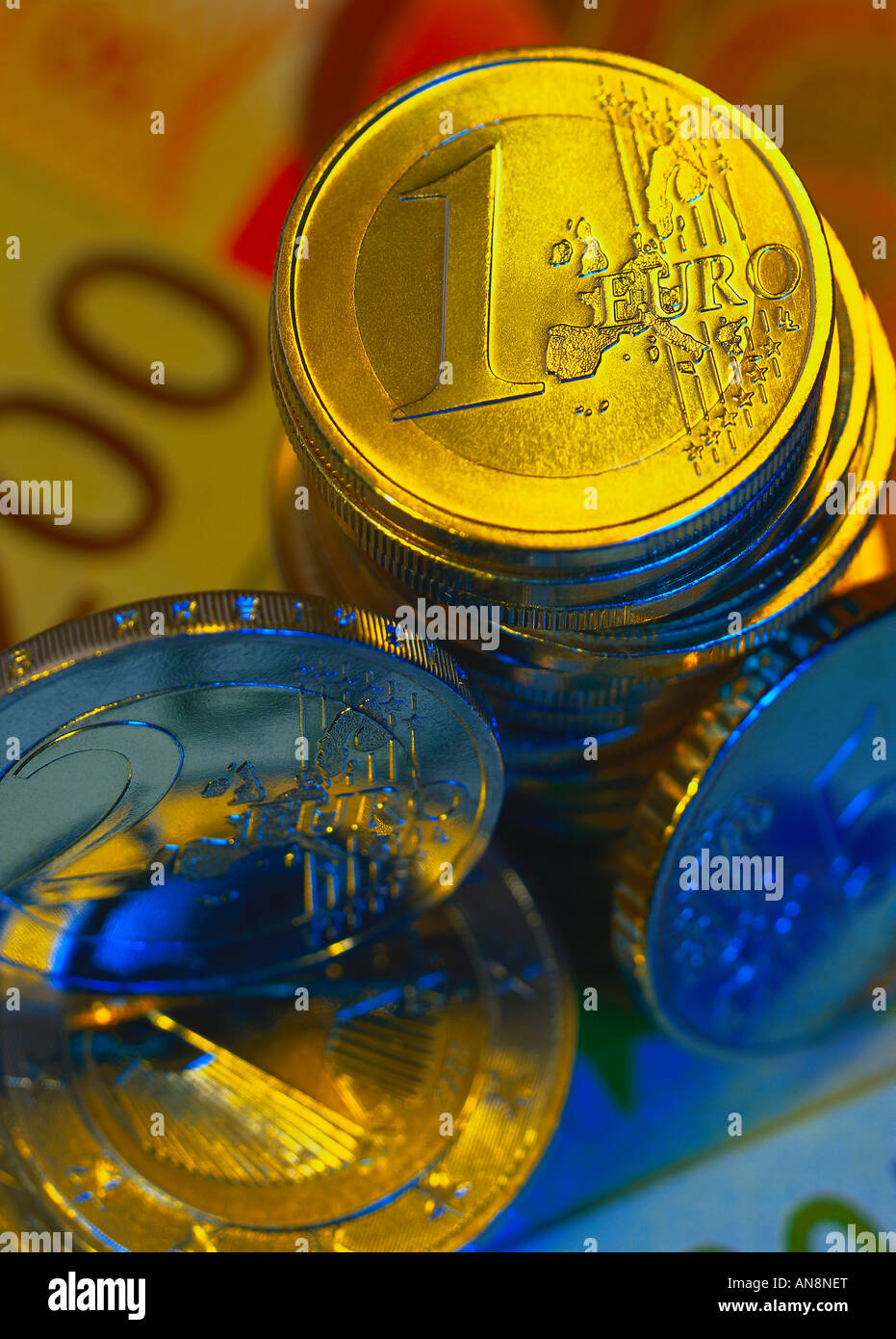 European coins in coloured light Stock Photo - Alamy