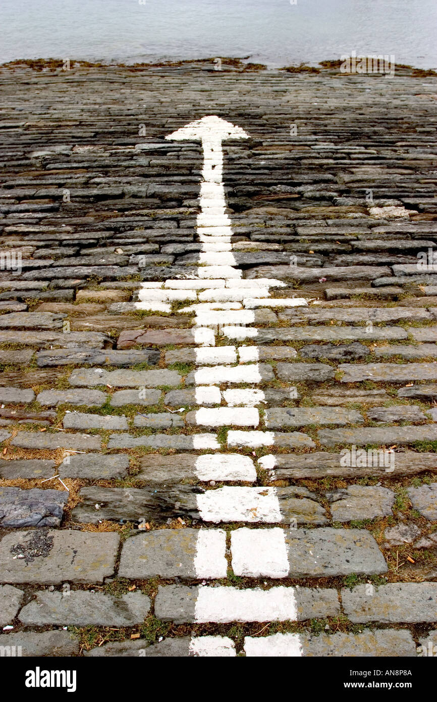 Directional signs paint on rock floor paved outdoor with arrows ...