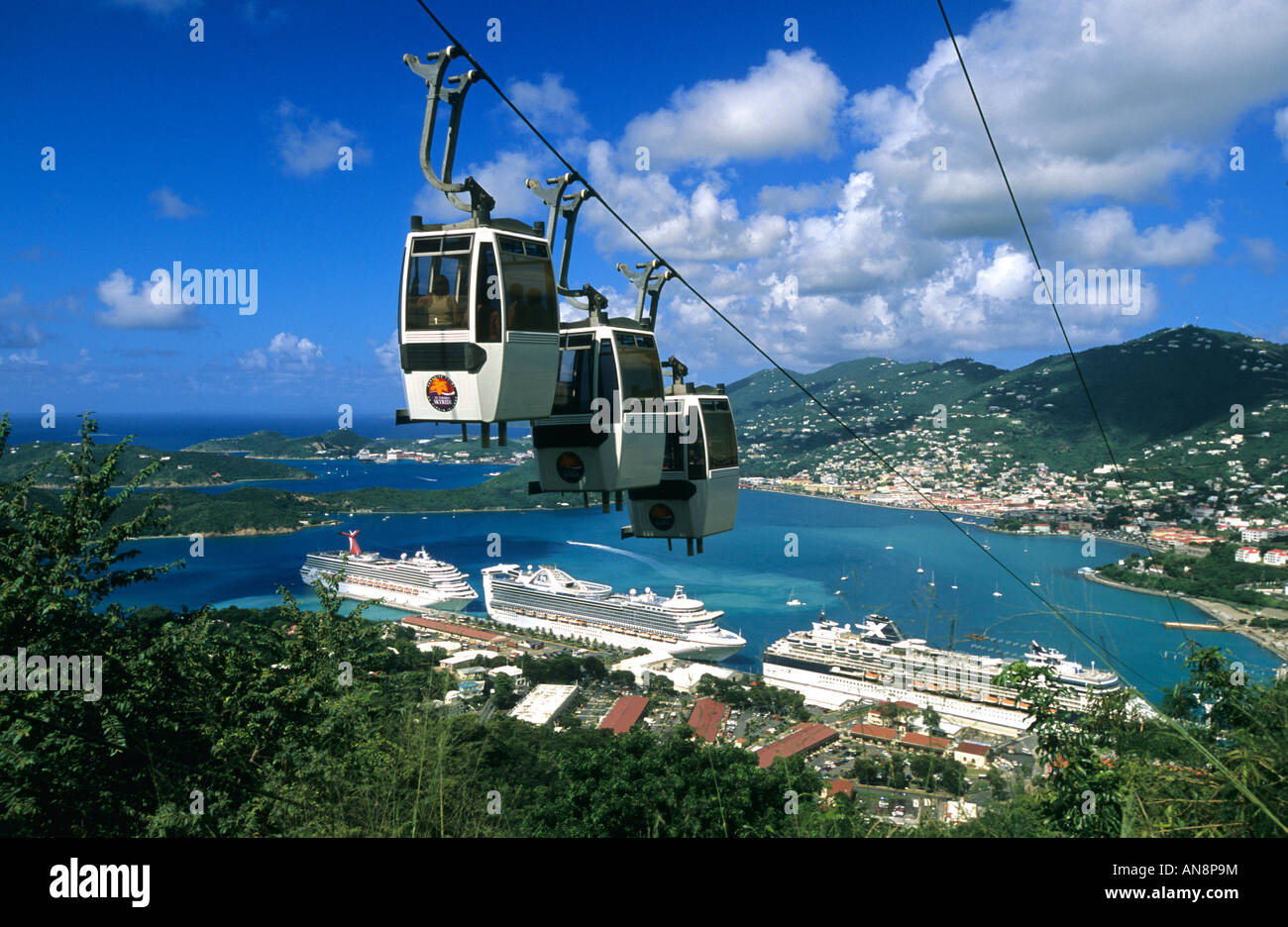 Cable car and cruise ships St Thomas USVI Stock Photo - Alamy