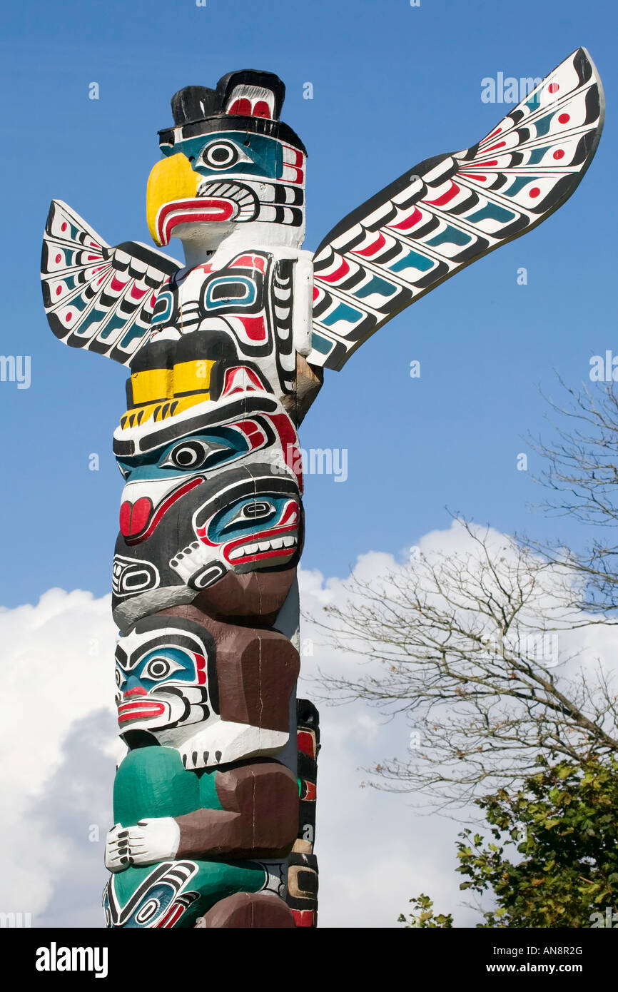 The head of a totem pole in Stanley park in Vancouver British Columbia ...