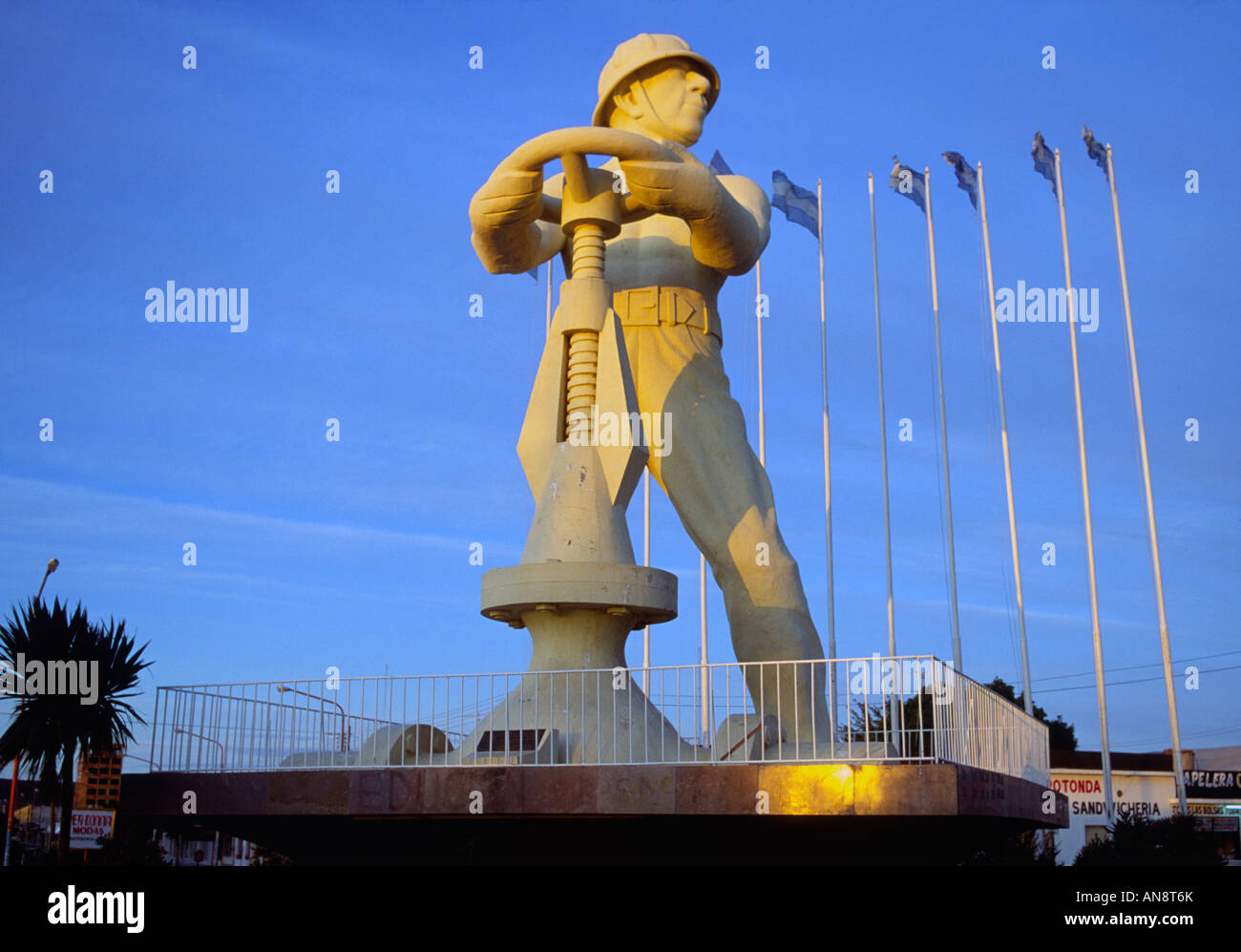 Monumental statue of an oil worker in Caleta Olivia Argentine Patagonia ...