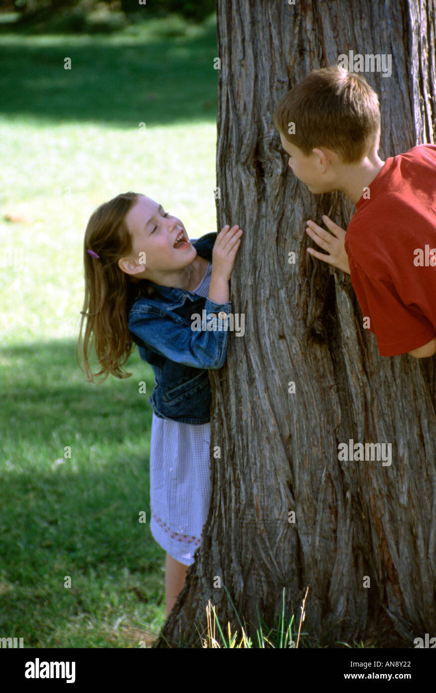 A boy and girl playing peek a boo around a tree Stock Photo - Alamy