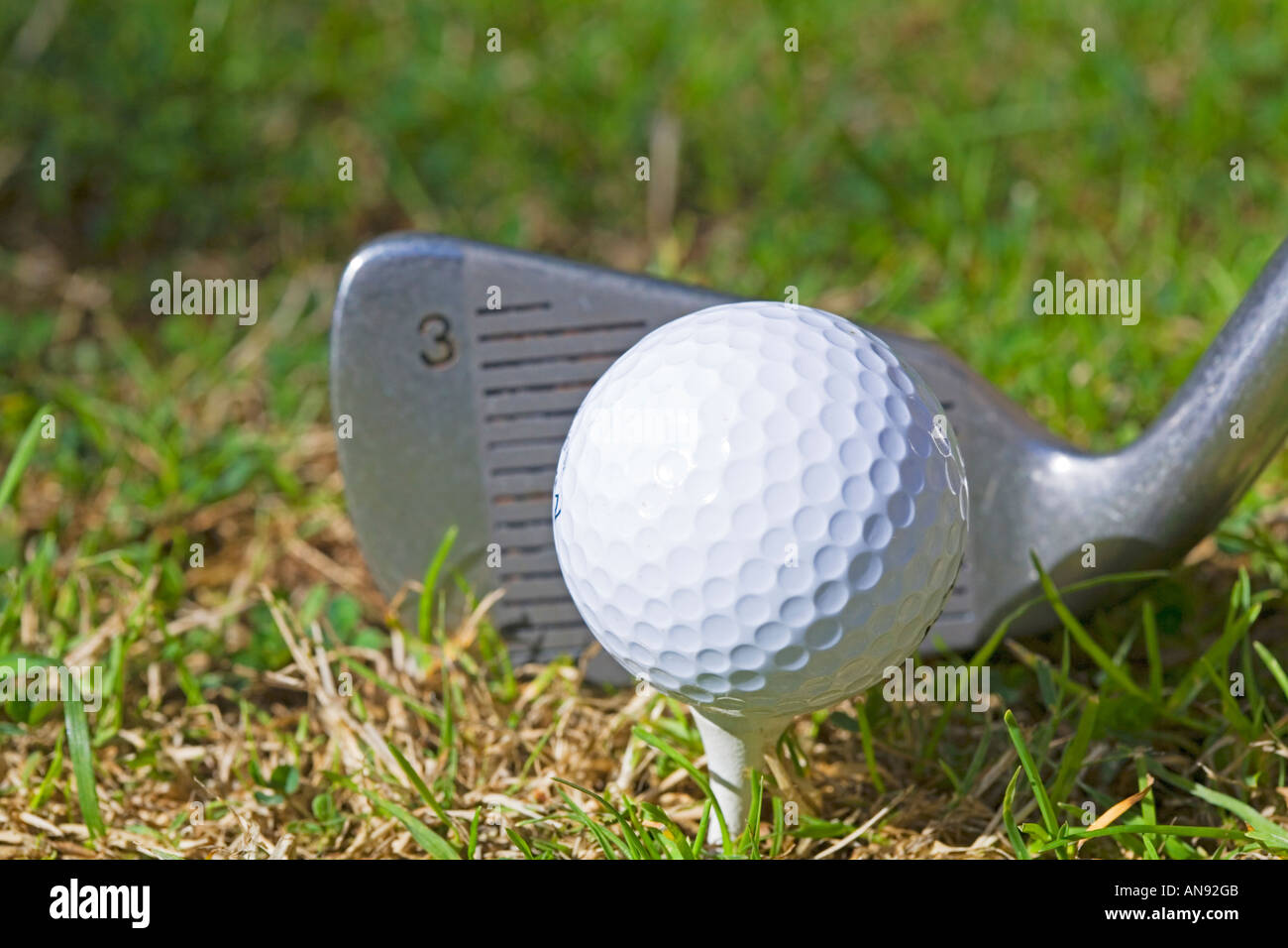 Teeing off 3 iron white golf ball on wooden tee Stock Photo - Alamy