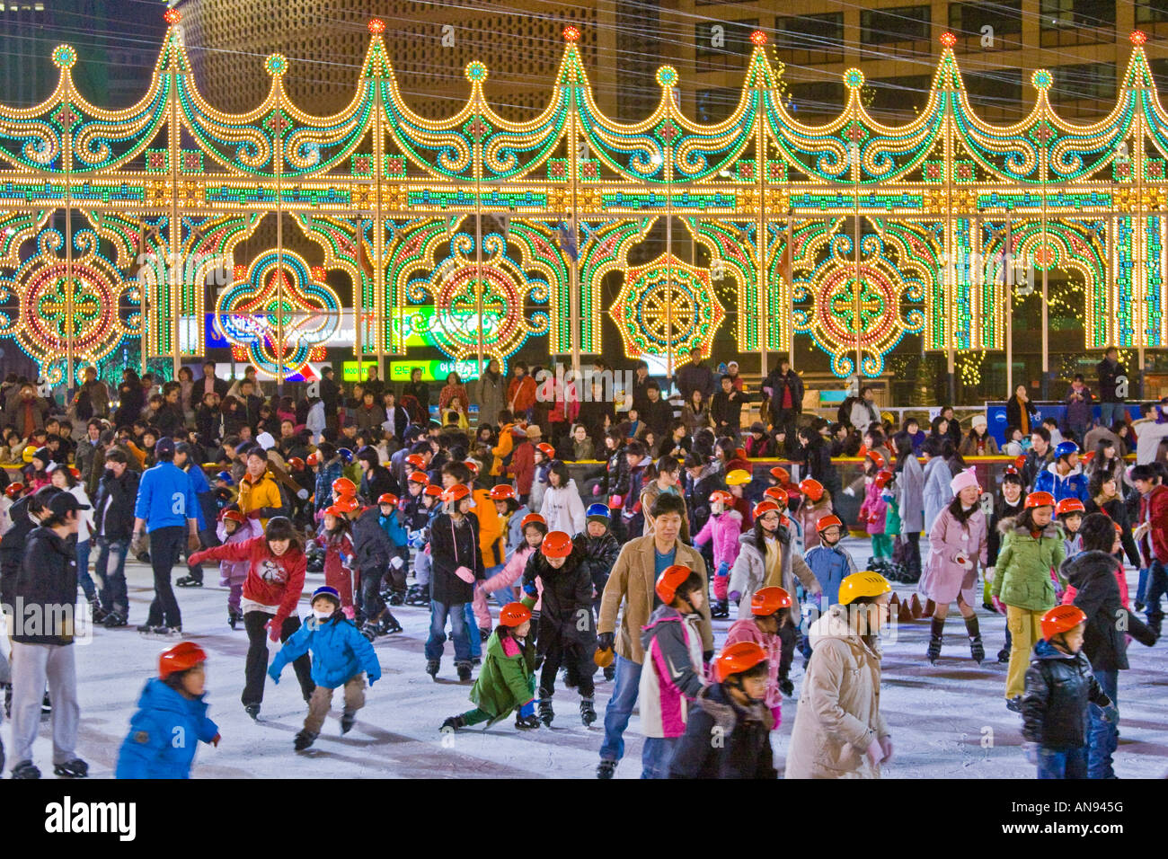 Korean People Ice Skating on a Rink in front of City Hall Seoul South ...