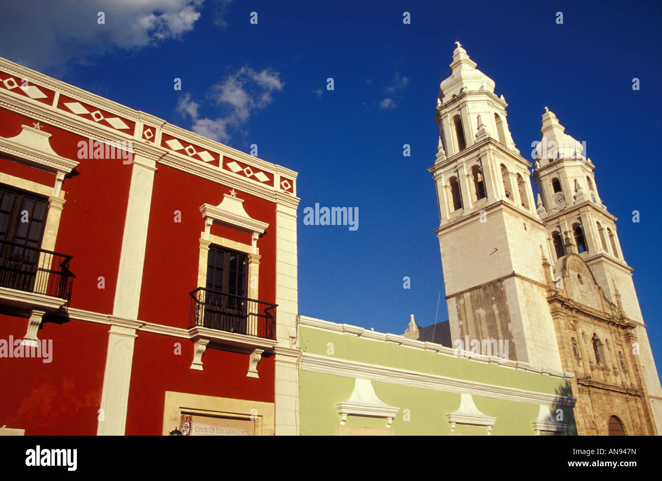 Restored Spanish colonial buildings in the city of Campeche, Mexico ...