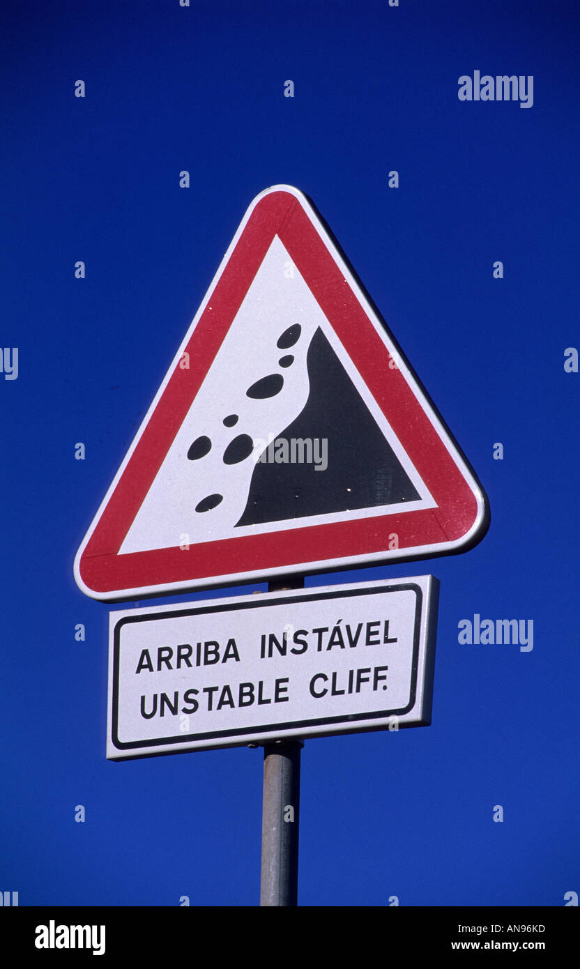 Warning sign for unstable cliff Stock Photo - Alamy