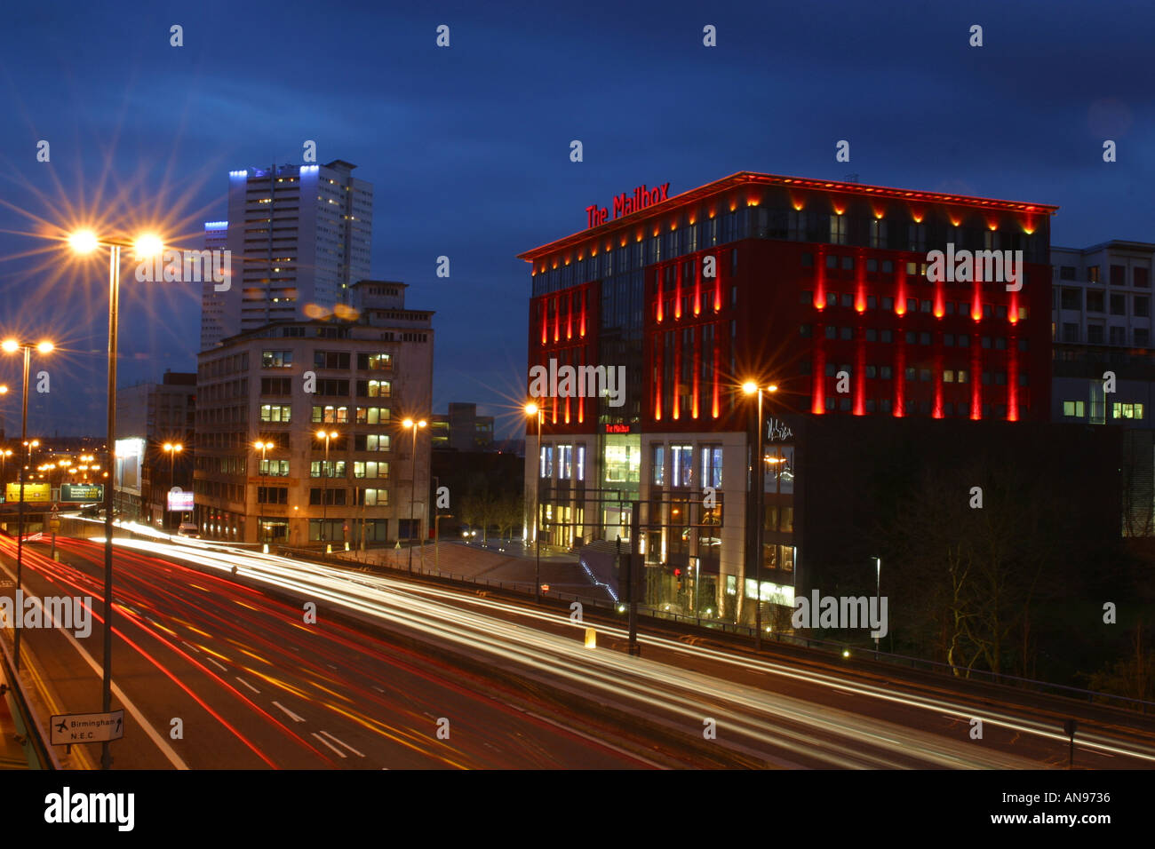 The Birmingham Mailbox building pictured alongside Queensway at night ...