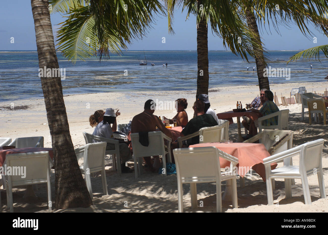 Relaxing lunch at a beach restaurant Shanzu beach, Mombasa, Kenya Stock ...