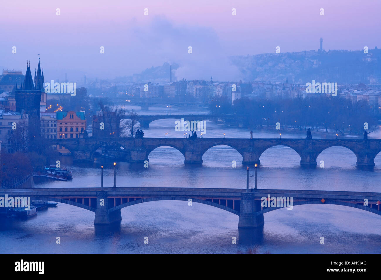 CZECH REPUBLIC PRAGUE PRAGUE BRIDGES AT DAWN VLTAVA RIVER Stock Photo ...