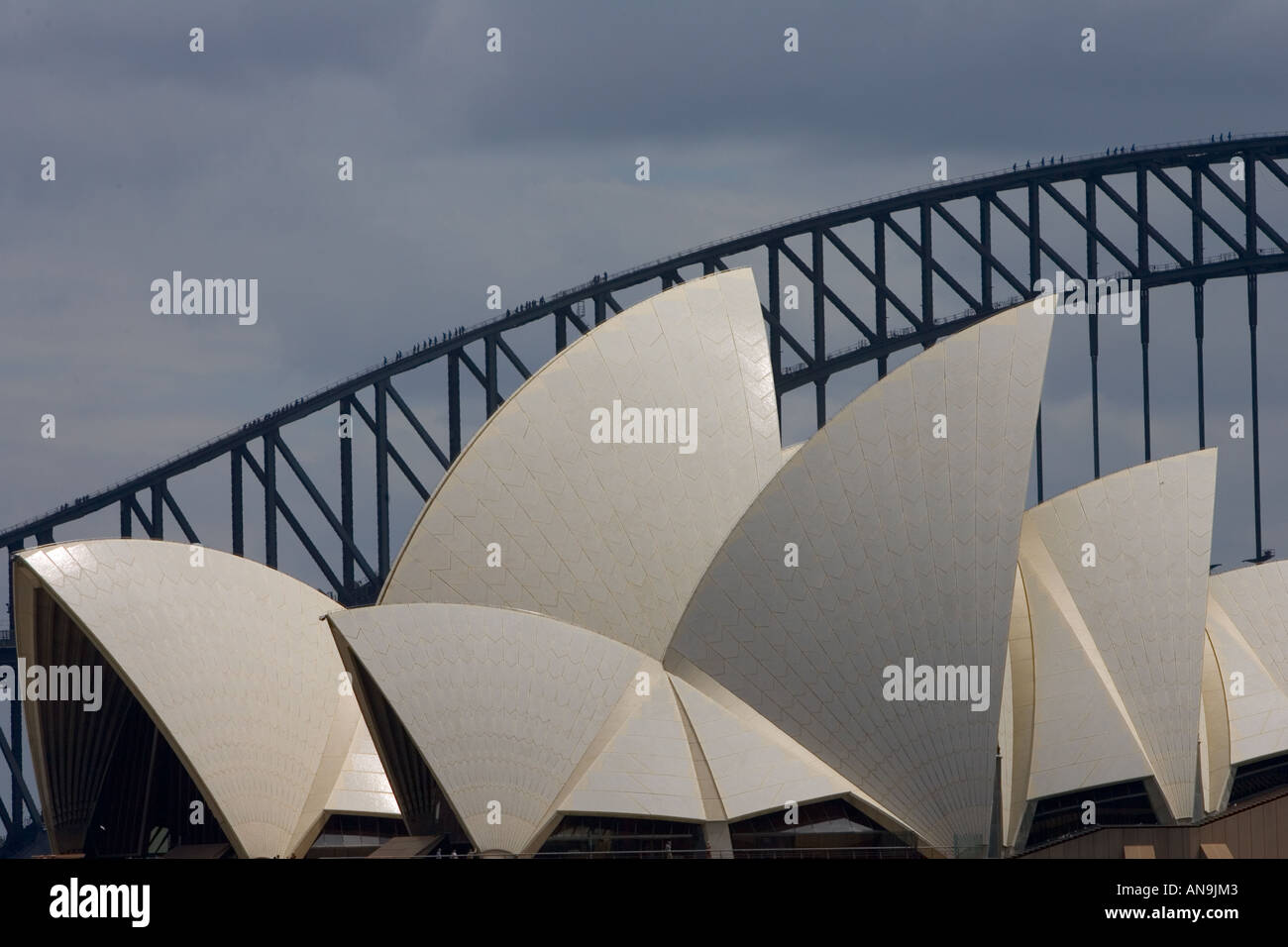 Sydney Opera House and tourists walking over the Sydney Harbour Bridge ...