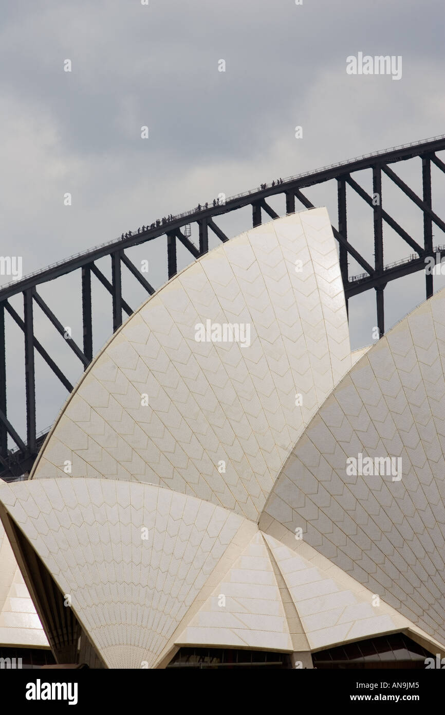 Sydney Opera House and tourists walking over the Sydney Harbour Bridge ...