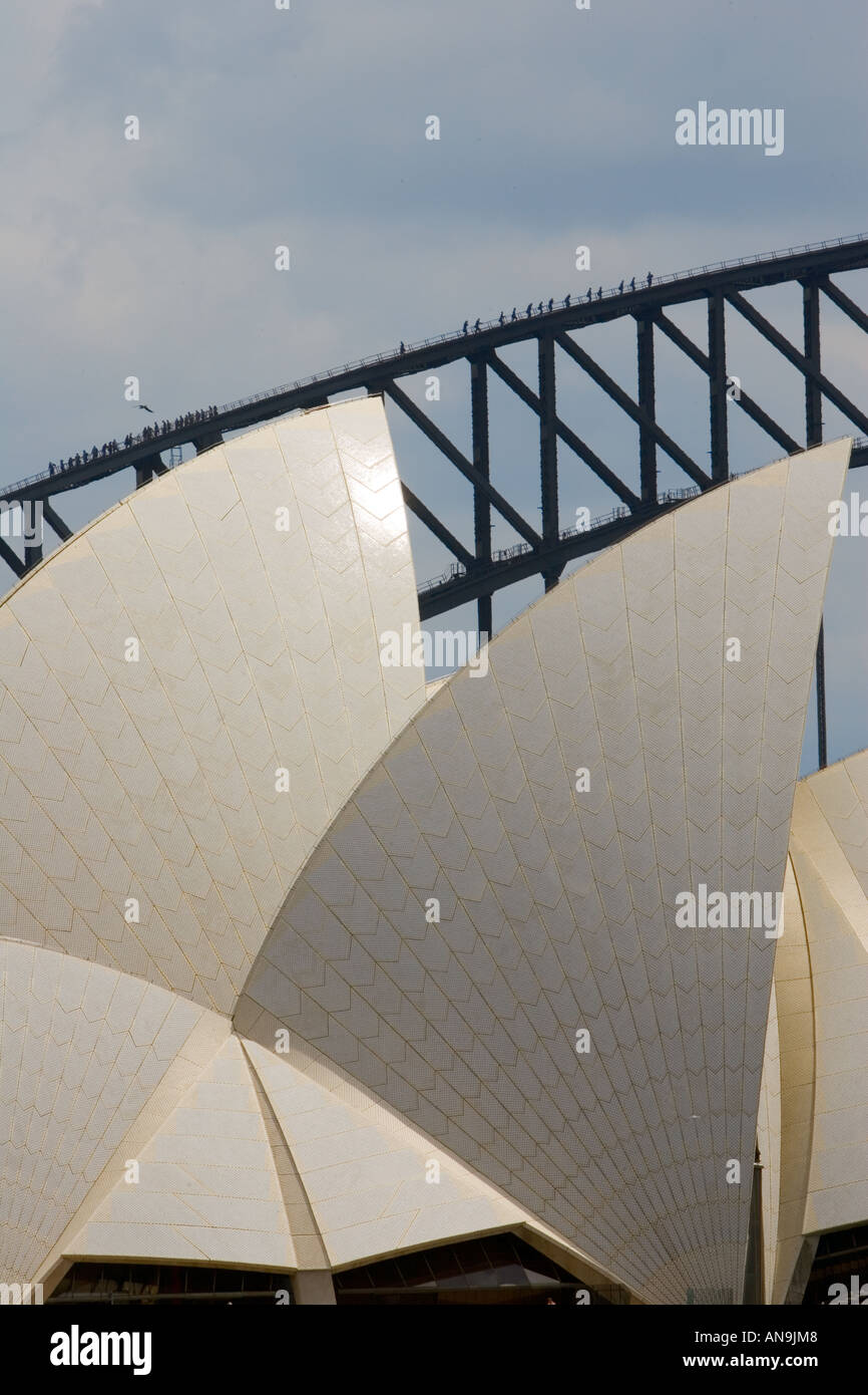 Sydney Opera House and tourists walking over the Sydney Harbour Bridge ...