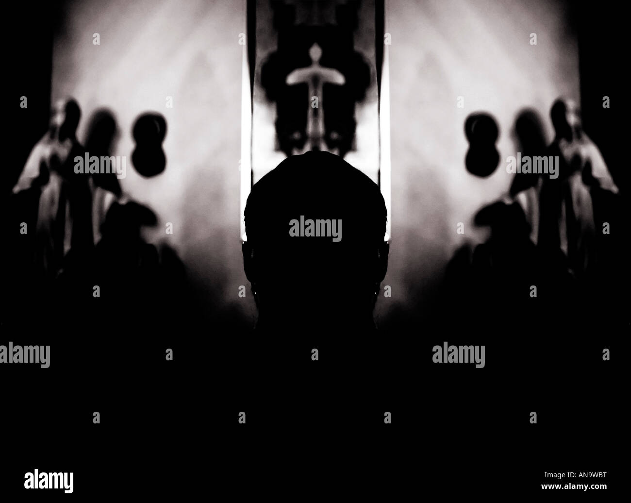 a person is looking at the cross on the wall. It is a spiritual moment ...