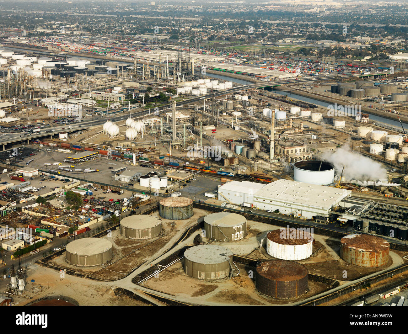 Aerial view of liquid storage tanks in Los Angeles California oil ...