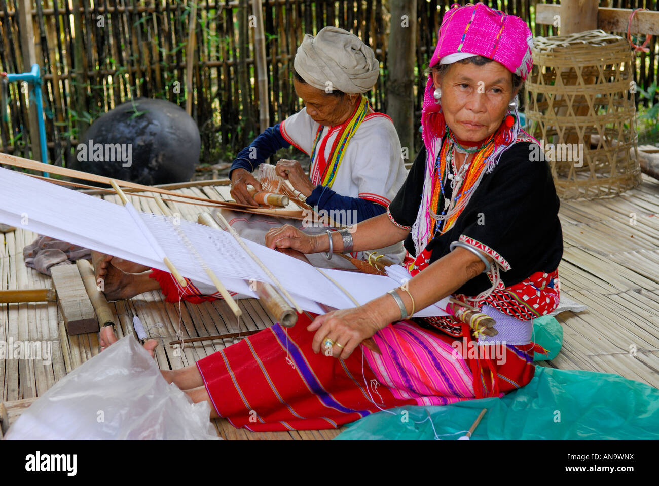 Women weaving Karen hill tribe village Chiang Mai northern Thailand ...