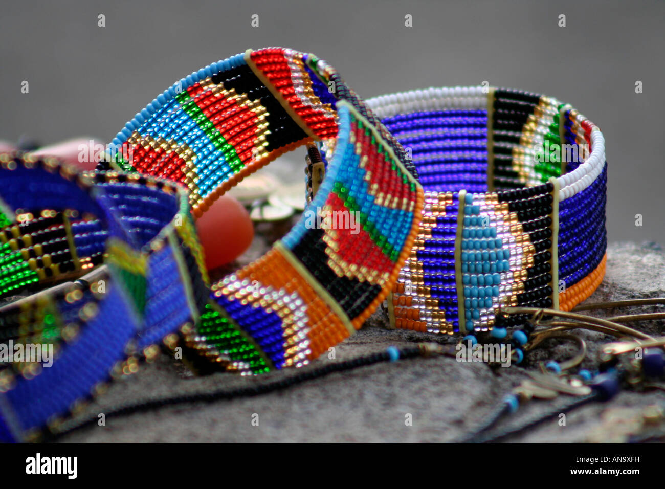 Masai beaded bracelets for sale outside shop at Olduvai Gorge, Tanzania ...