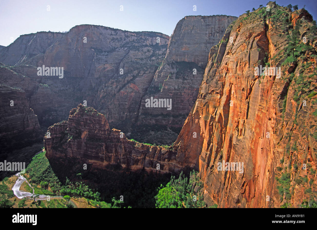 Virgin River gorge in Angels Landing area, view from Scout Lookout over ...