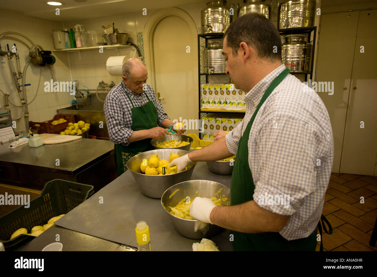 Preparing lemons for the production of limoncello in Sorrento Italy ...