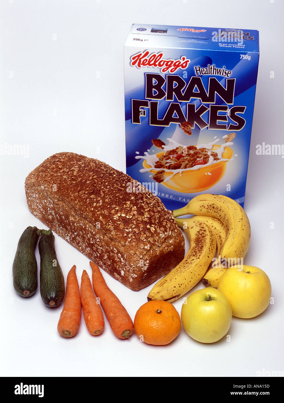 Bran flakes bread fruit and vegetables Stock Photo - Alamy
