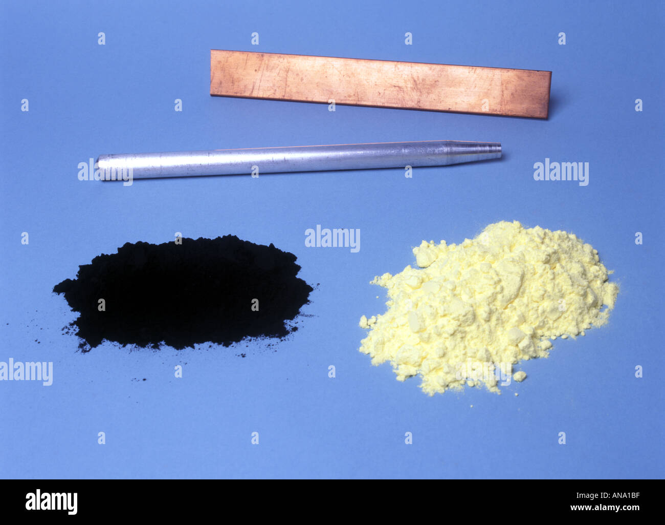 copper bar aluminium rod carbon powder powdered sulphur Stock Photo - Alamy