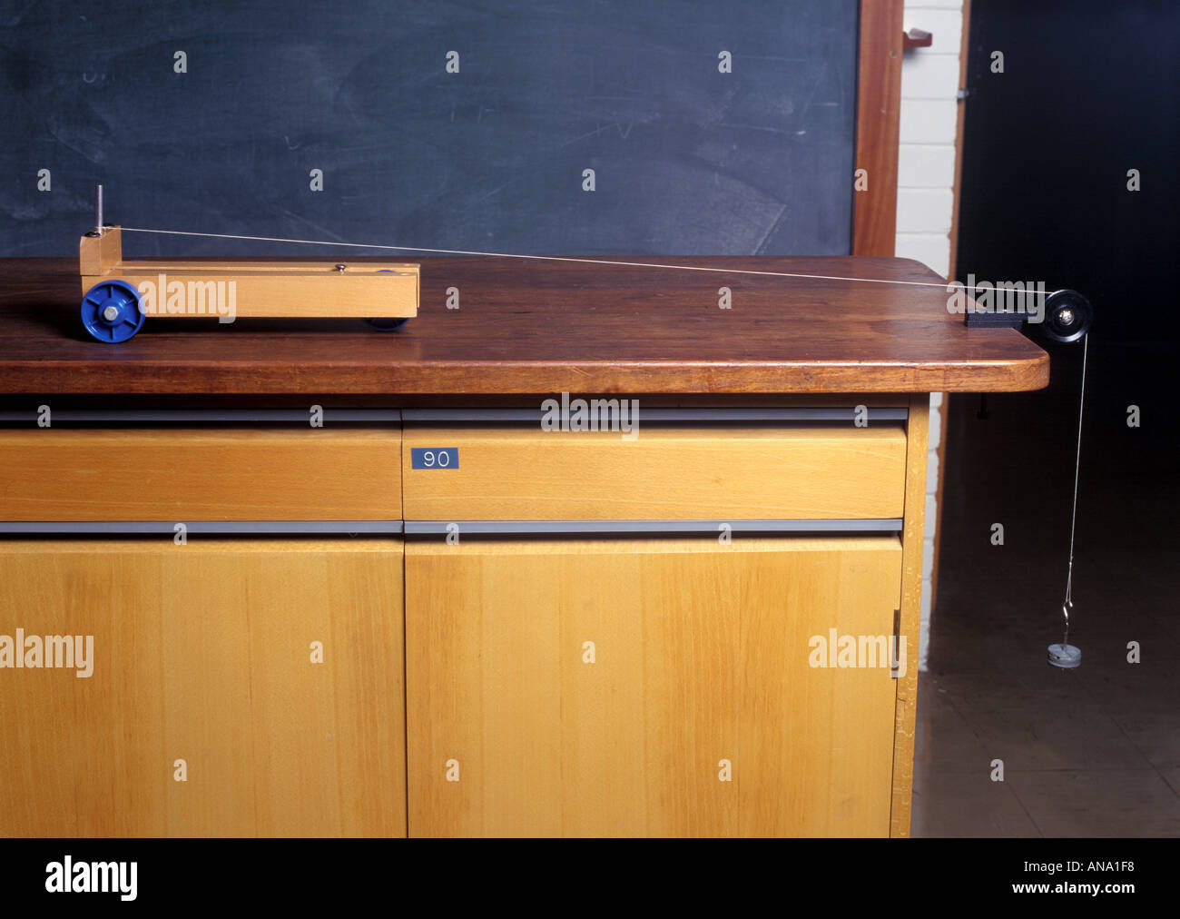 dynamics trolley being accelerated by a falling weight Stock Photo - Alamy