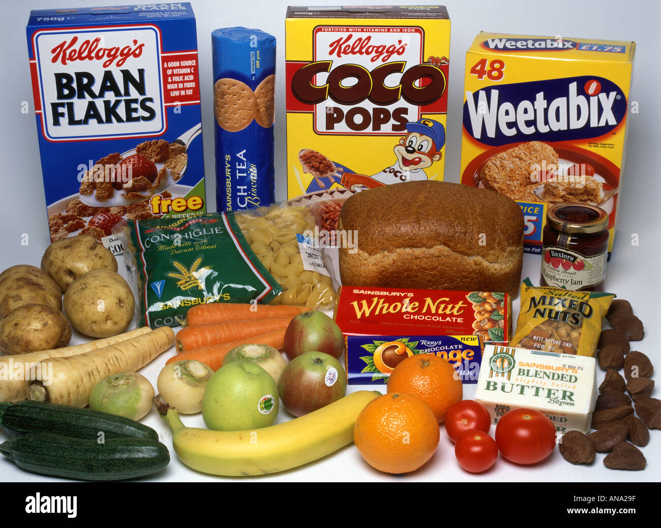 selection of food including fruit vegetables nuts bread biscuits and ...