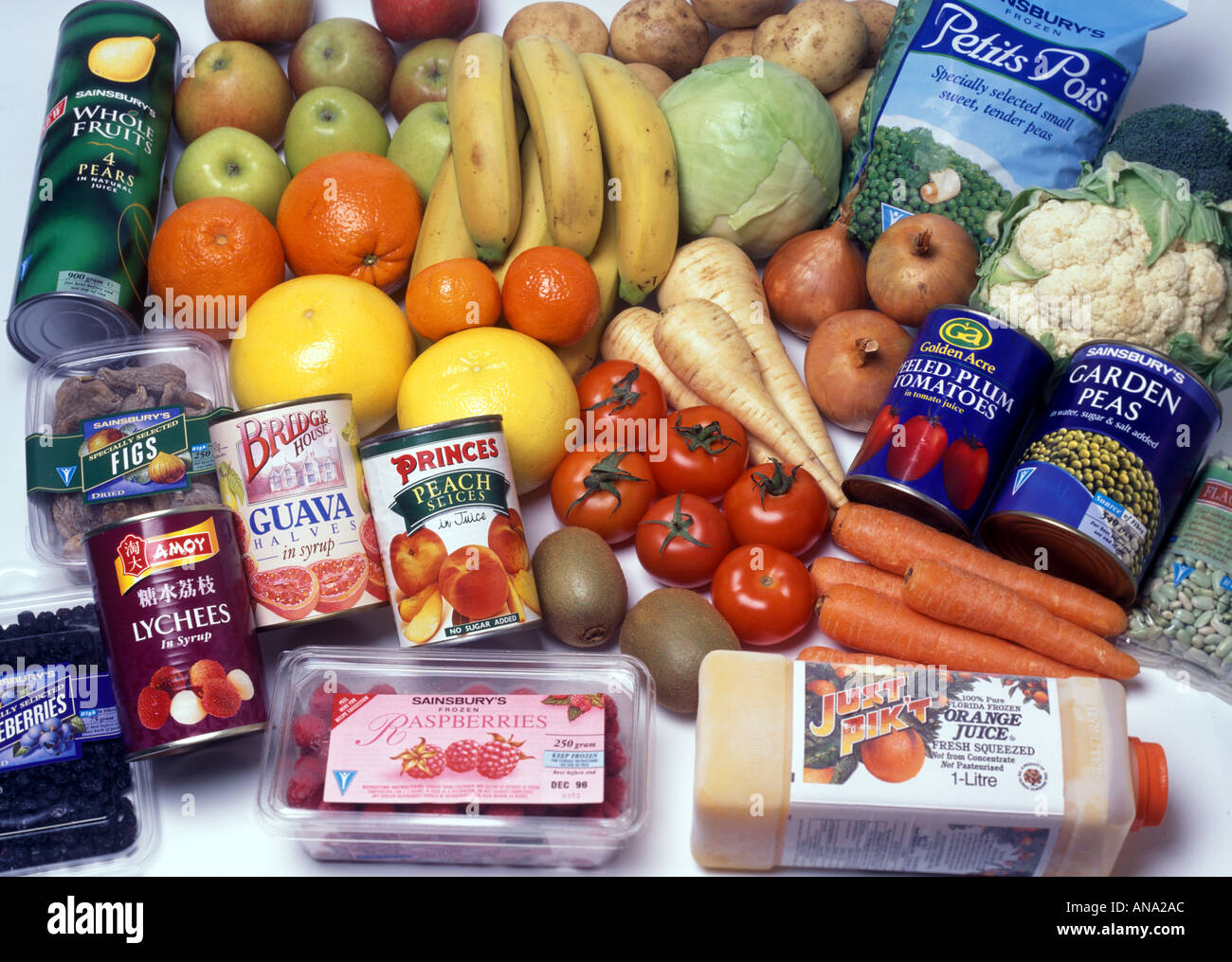 a selection of fresh fruit and vegetables as well as preserved foods ...
