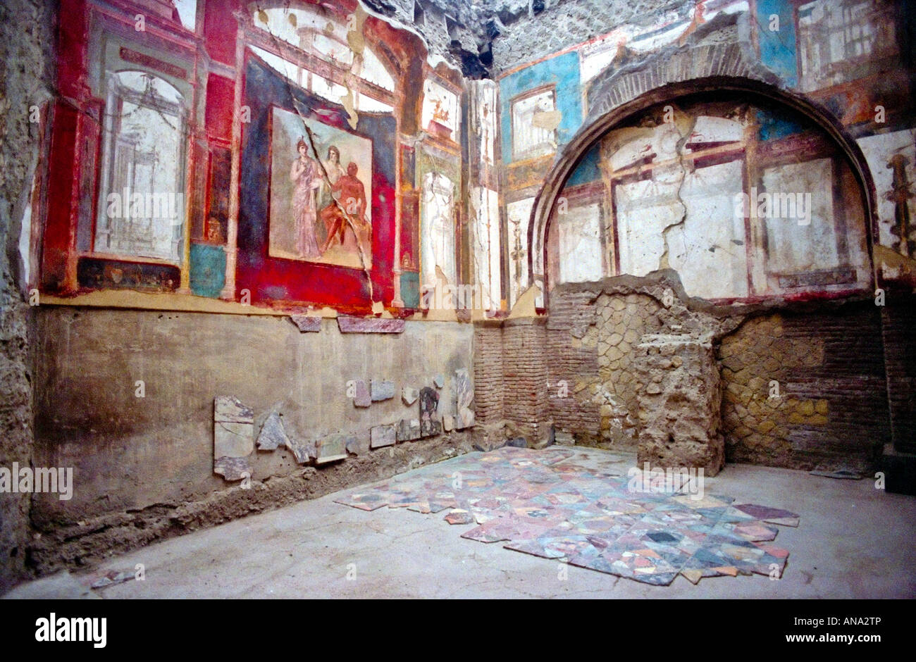 Painted murals inside a room at the ancient Roman ruins at Herculaneum ...