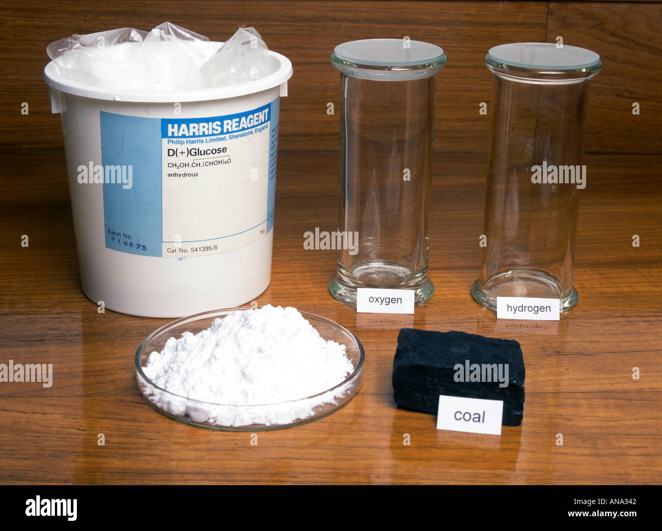 glucose coal oxygen and hydrogen labelled in gas jars Stock Photo - Alamy