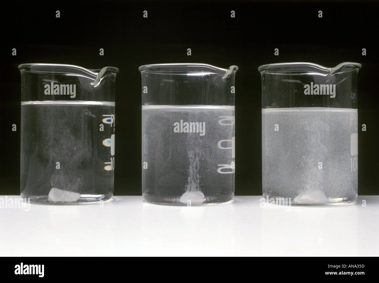 a piece of marble in different strength acid getting stronger from left ...
