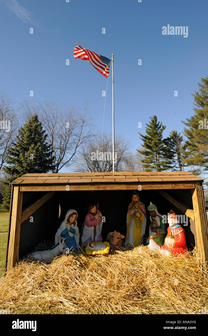 Religious christmas manger scene against the backdrop of the American ...
