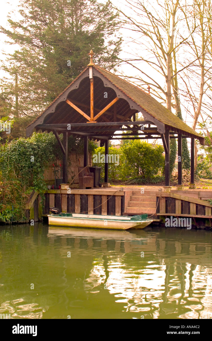 Ornamental covered jetty on the river Thames in marlow Buckinghamshire ...