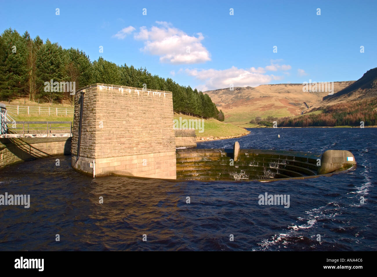 Overflow bellmouth in Dovestone reservoir with water at high level and ...