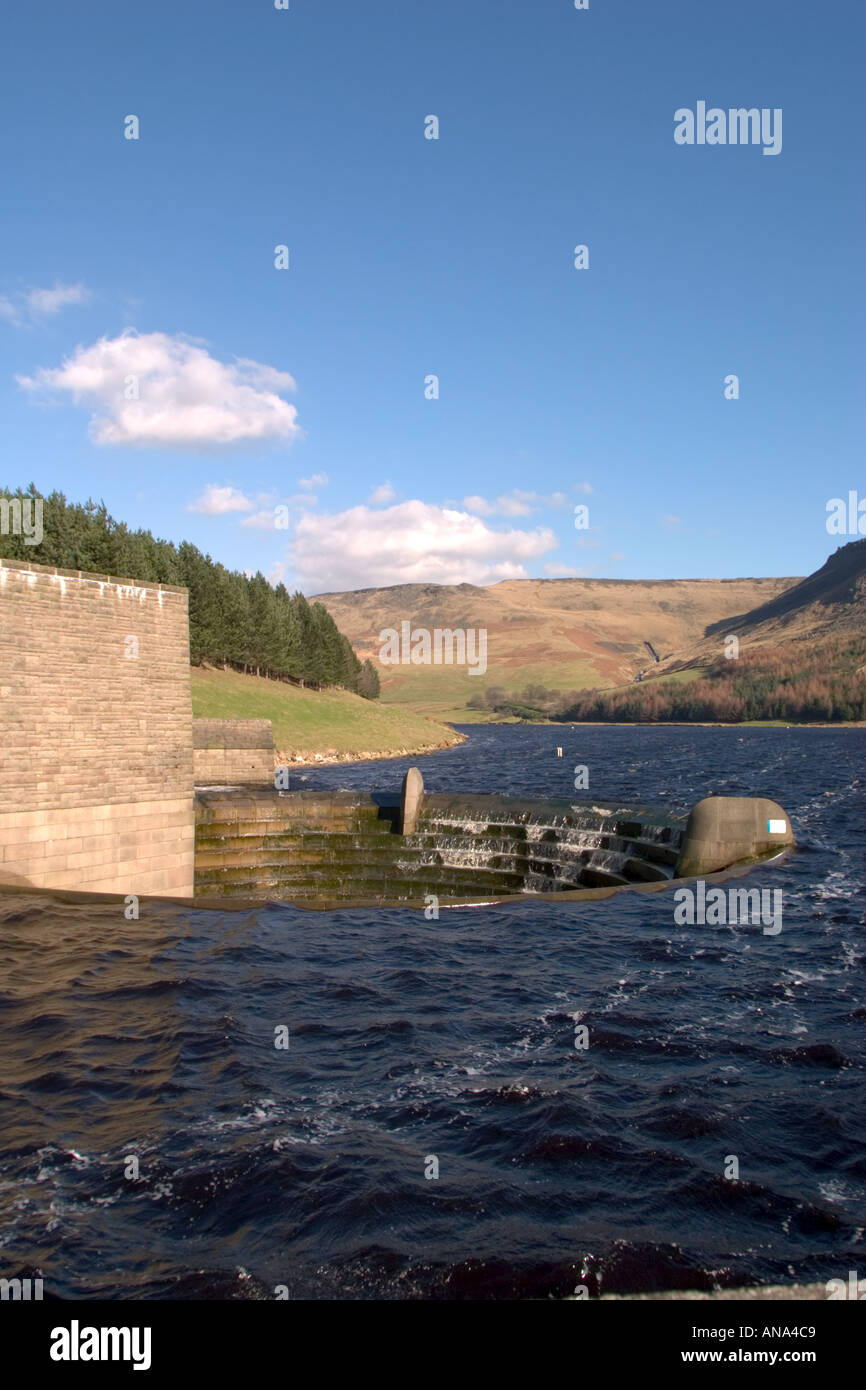 Overflow bellmouth in Dovestone reservoir with water at high level and ...