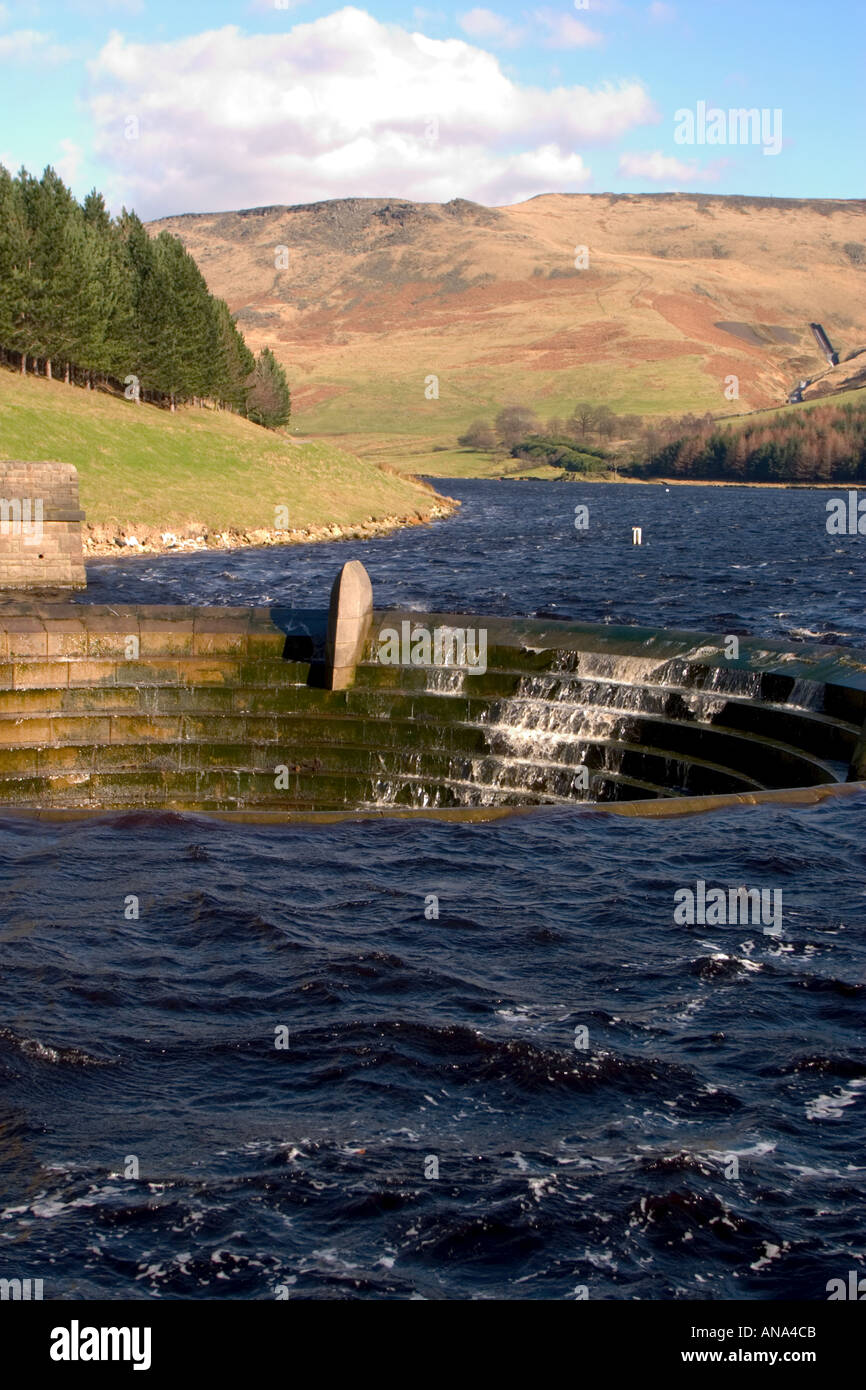 Overflow bellmouth in Dovestone reservoir with water at high level and ...